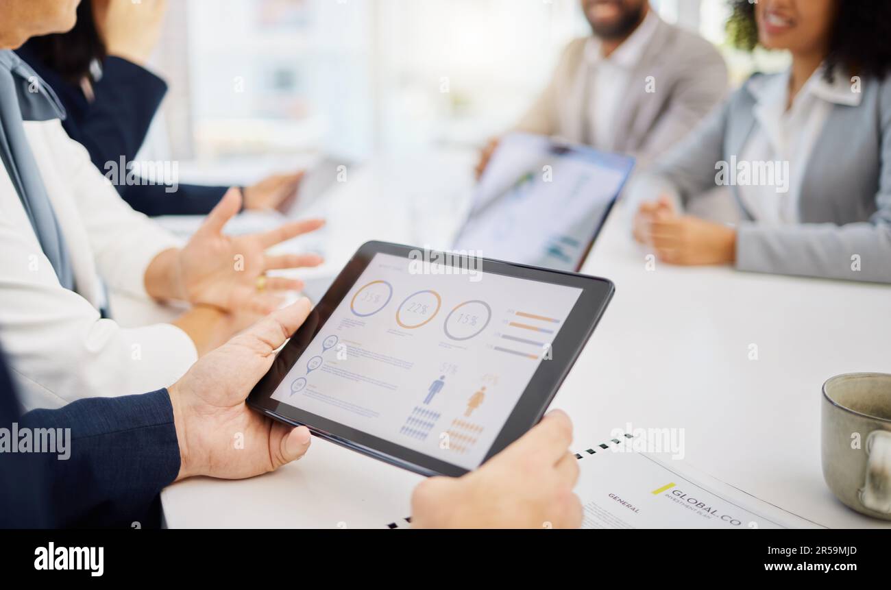 Tablet statistics, meeting and hands of business people chat about ...