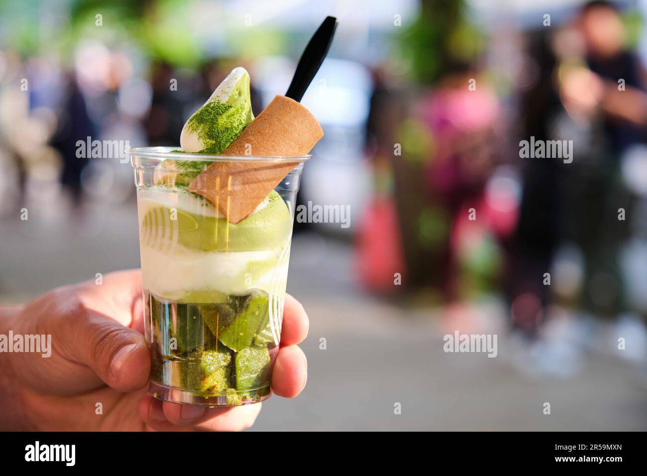 Matcha Baumkuchen ice cream sundae in Arashiyama, Kyoto, Japan Stock ...