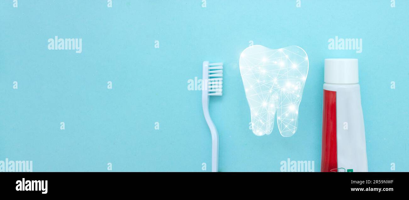 Close up of a toothbrush and toothpaste with thin linear Low poly tooth ...