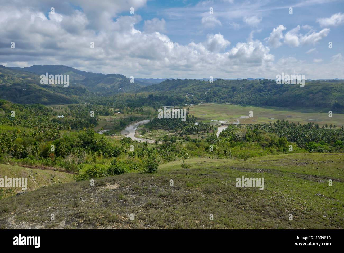 Scenic landscape panorama of tropical countryside from Lamboya pasola ...