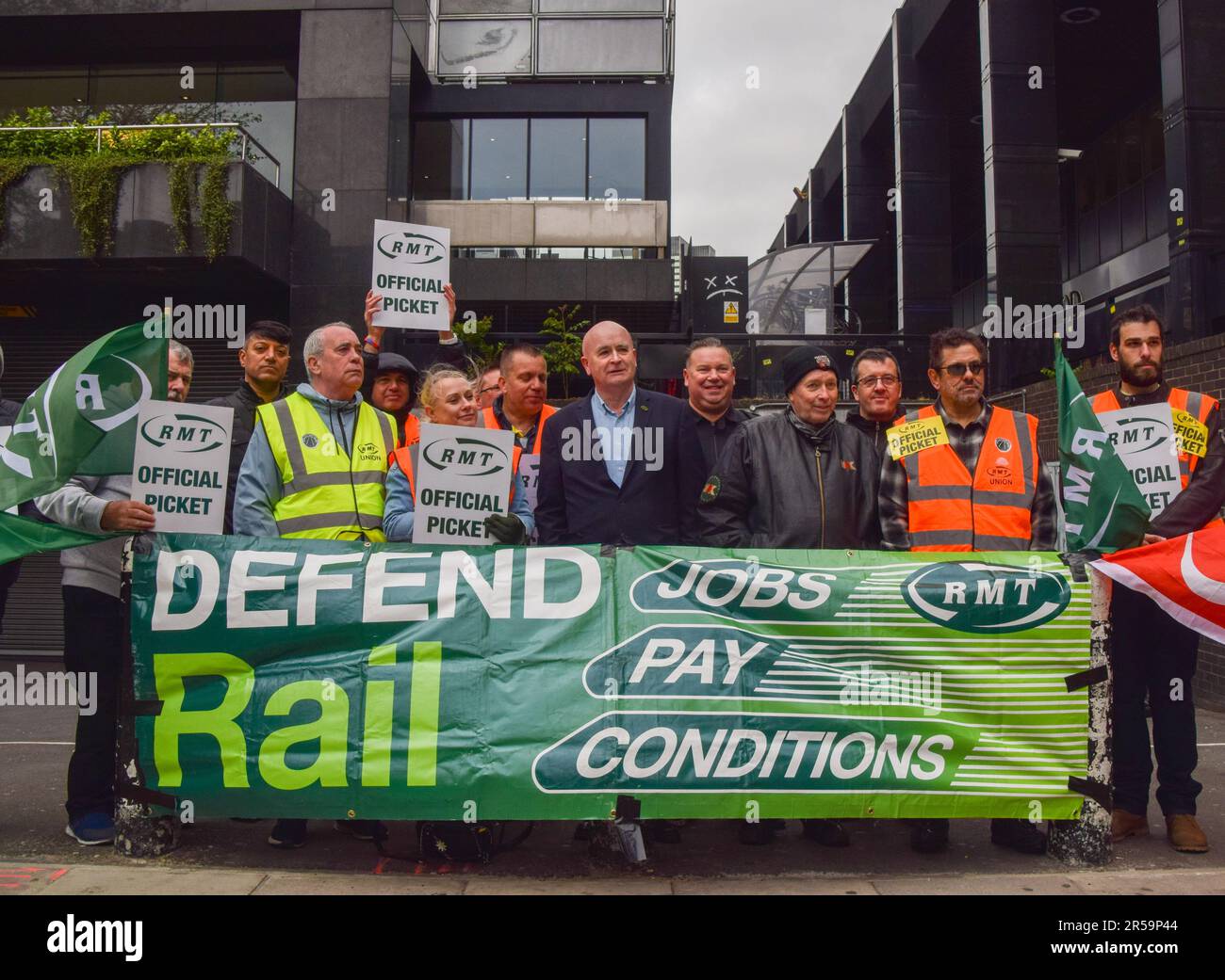 London, UK. 2nd June 2023. RMT General Secretary Mick Lynch (centre ...