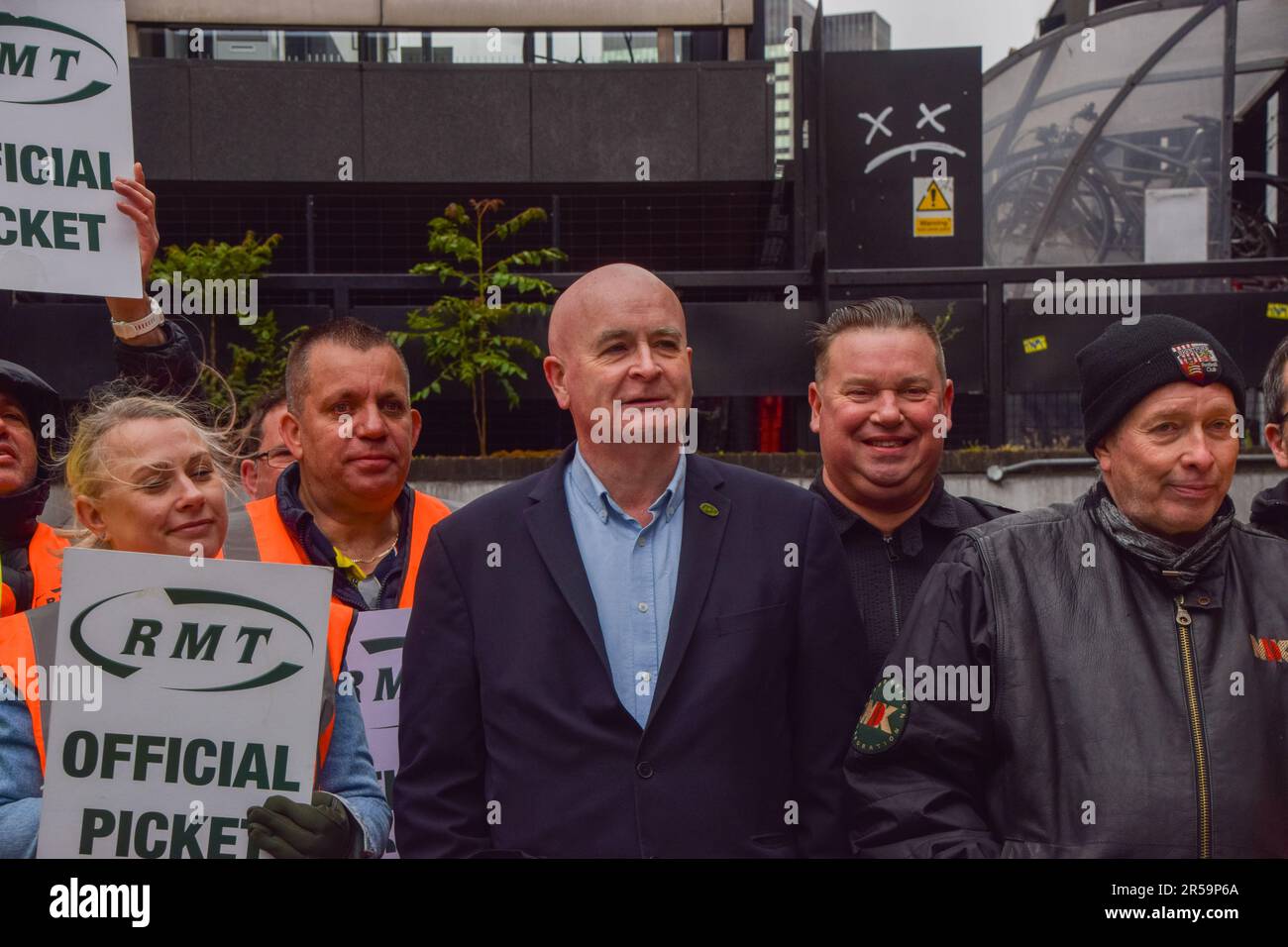 London, UK. 2nd June 2023. RMT General Secretary Mick Lynch (centre ...