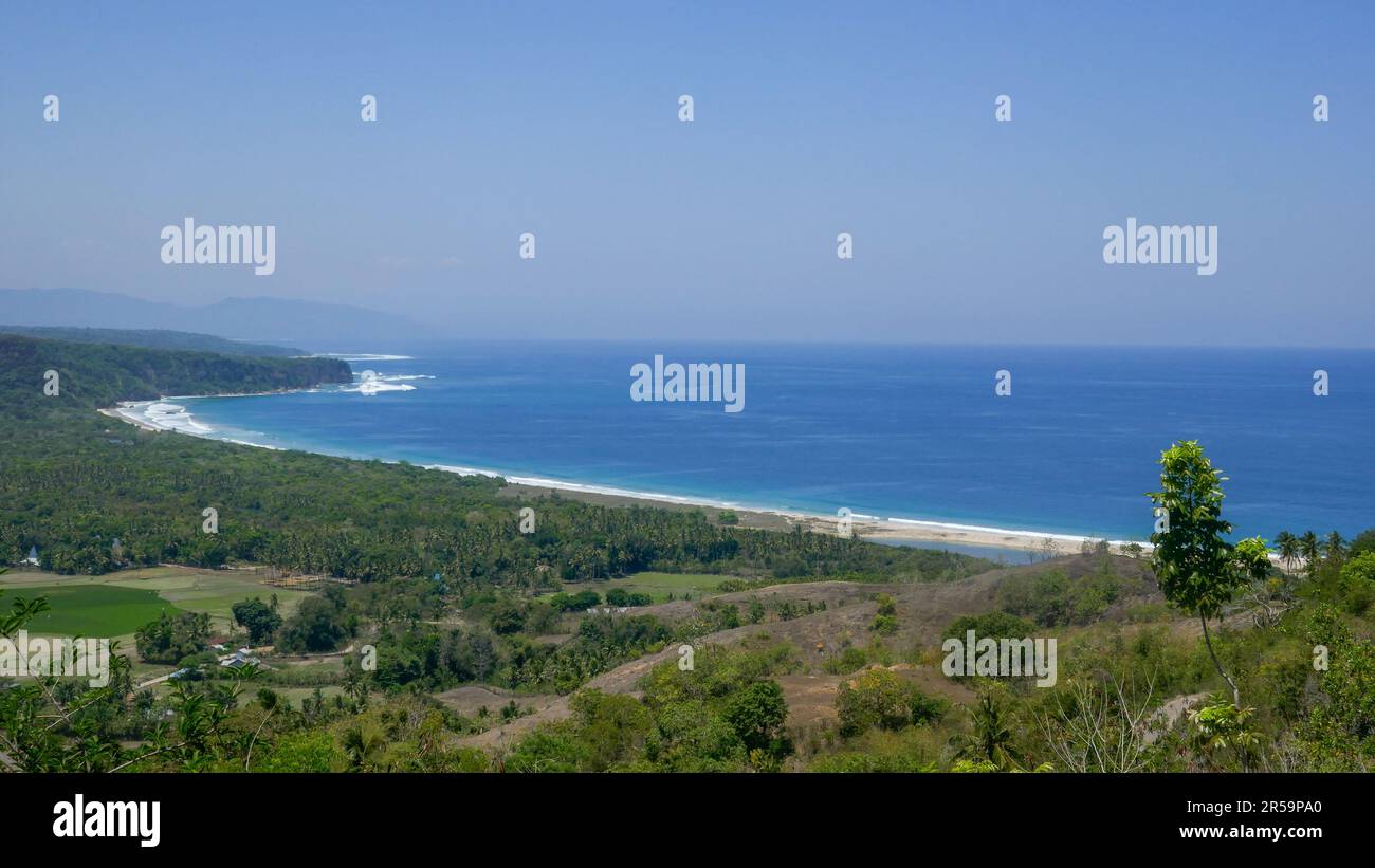 Scenic landscape view of the coastline of Sumba island overlooking the ...