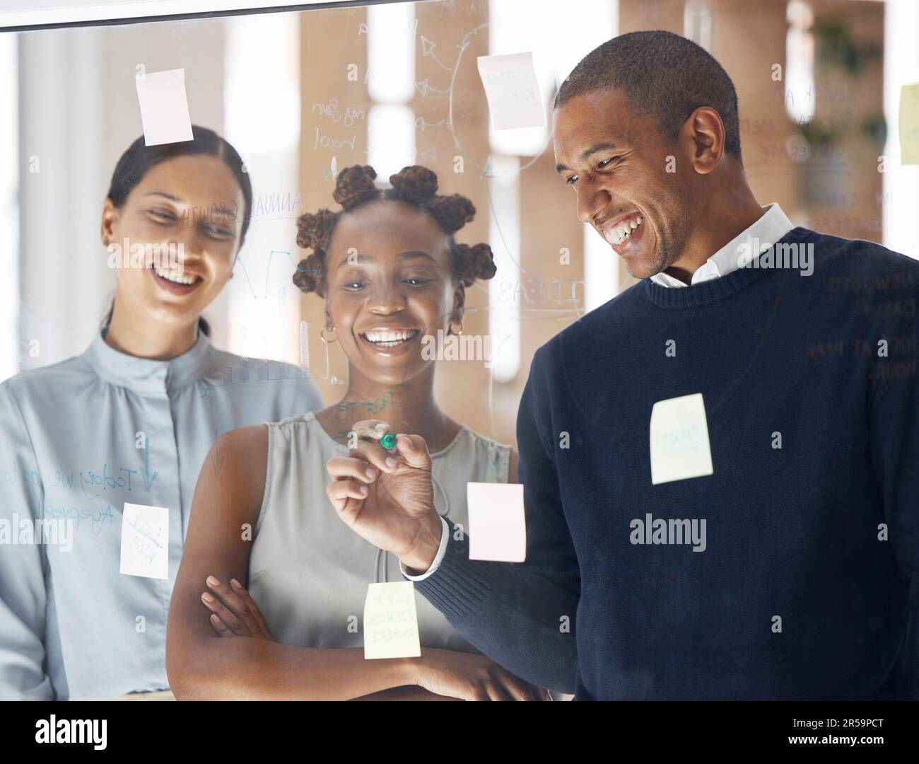 Writing, creative and business people on glass board for teamwork ...