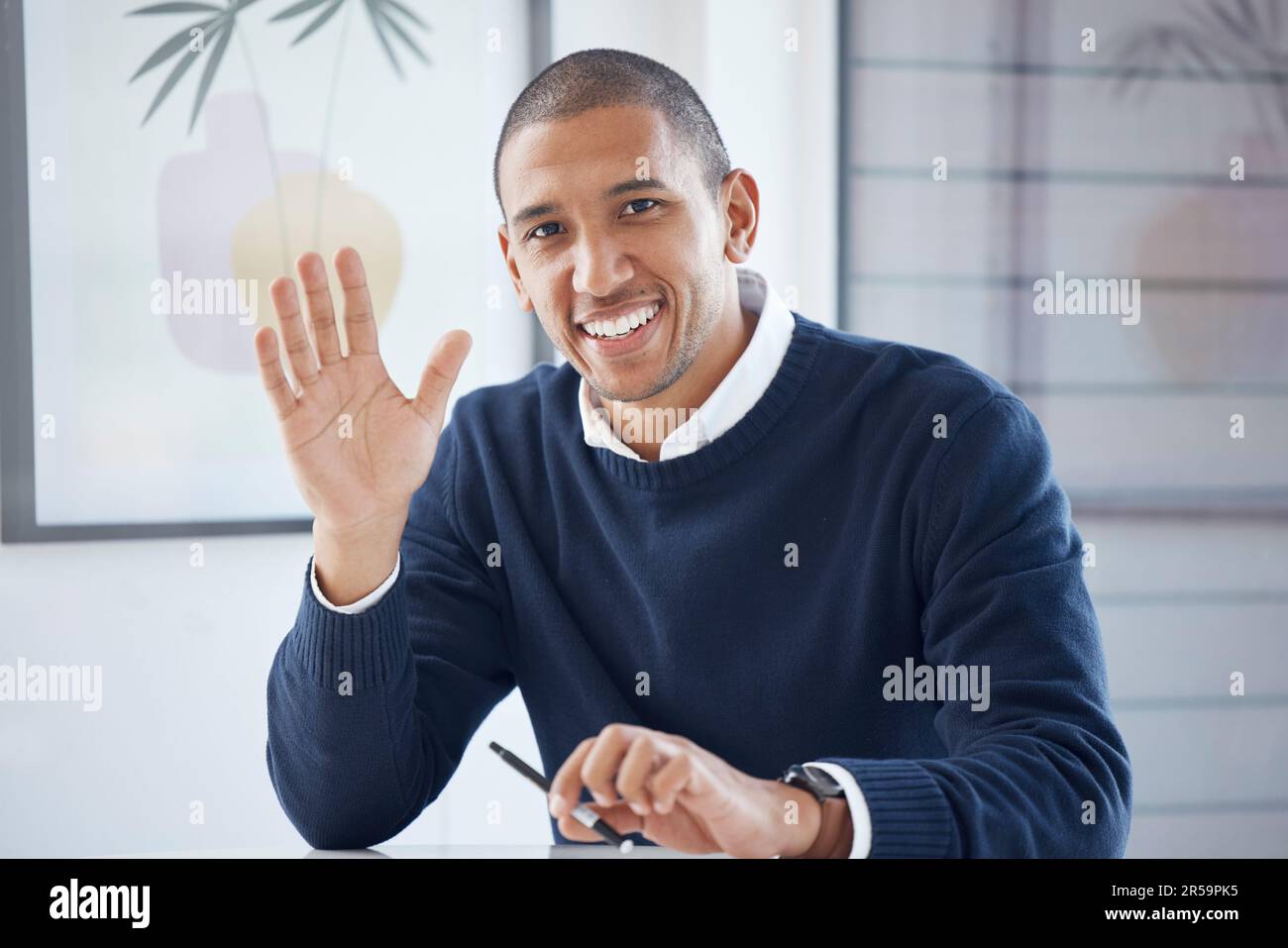Happy, portrait of businessman wave his hand and smile at his modern ...