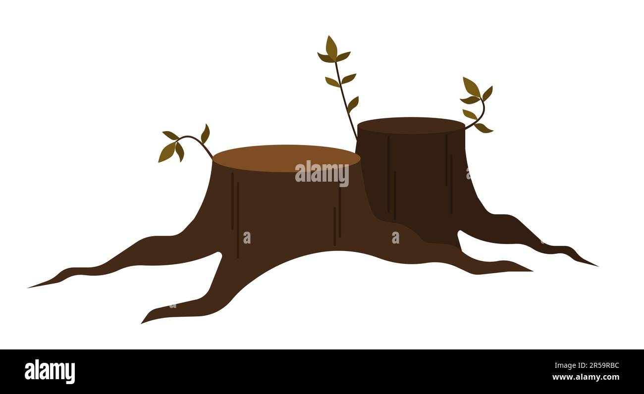 Two stumps with a few autumn leaves. Roots on both sides. Flat design ...