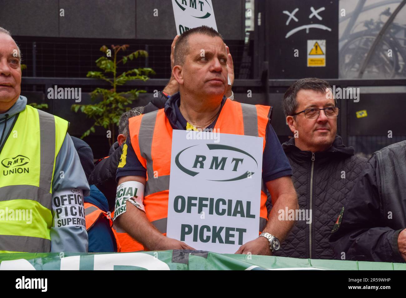 London, England, UK. 2nd June, 2023. RMT union members stand at the ...