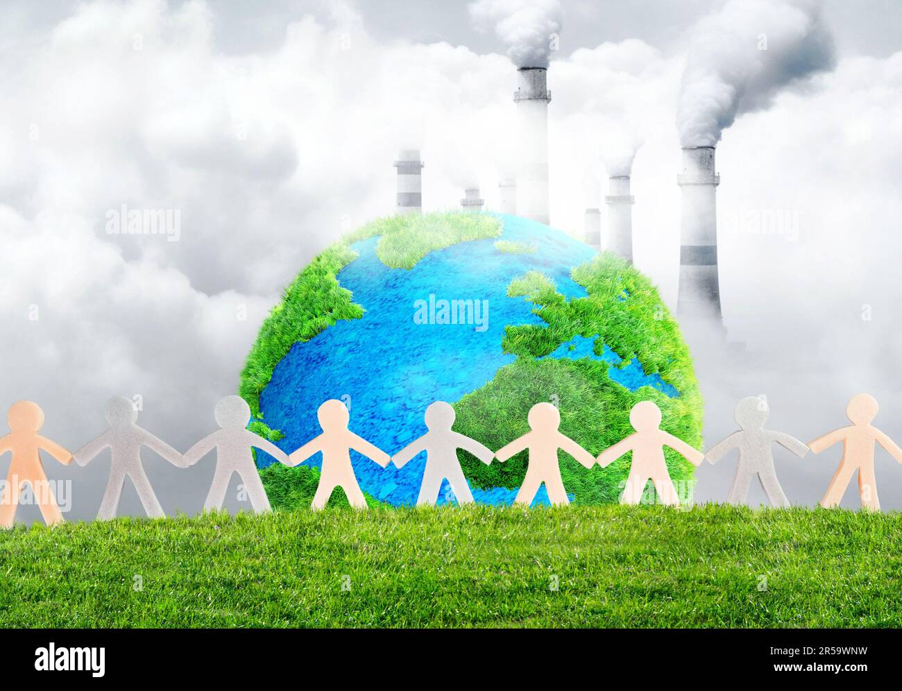 grass planet Earth with chain of people, carbon emissions and ...