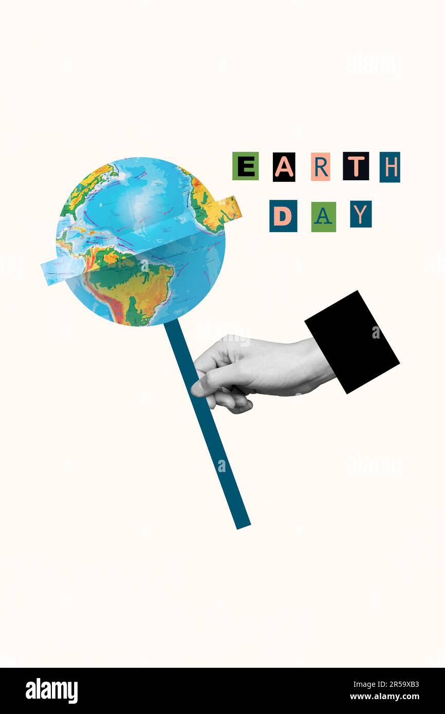 Creative vertical collage hand hold world planet sphere geography map ...