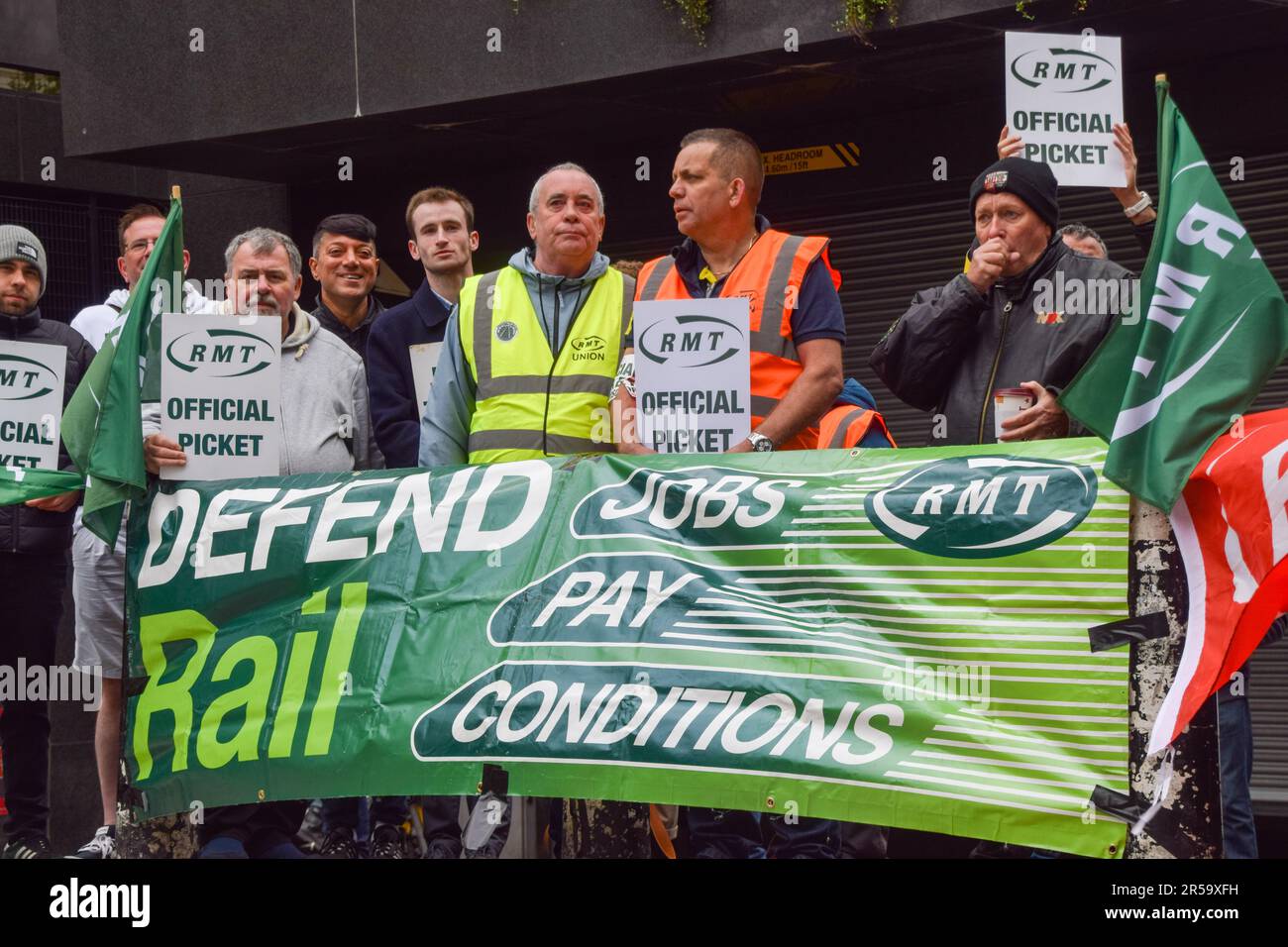 London, UK. 2nd June 2023. RMT members stand at the picket line outside ...