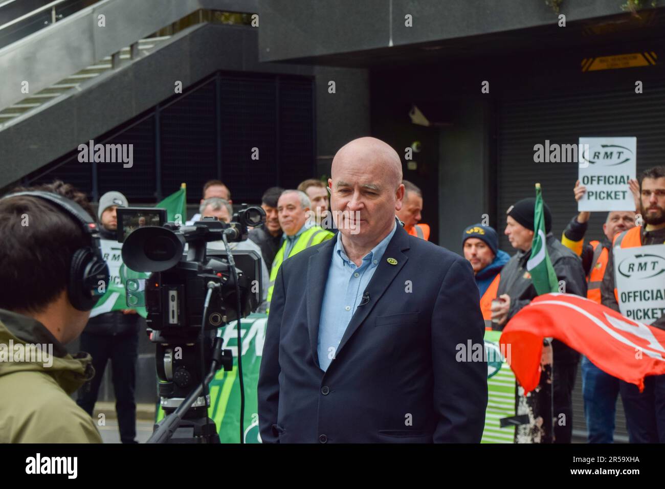 London, UK. 2nd June 2023. RMT General Secretary Mick Lynch gives an ...