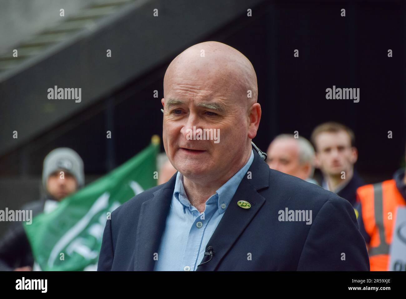 London, UK. 2nd June 2023. RMT General Secretary Mick Lynch gives an ...