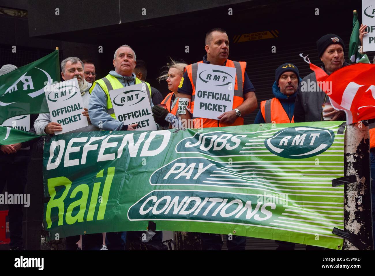 London, UK. 2nd June 2023. RMT members stand at the picket line outside ...