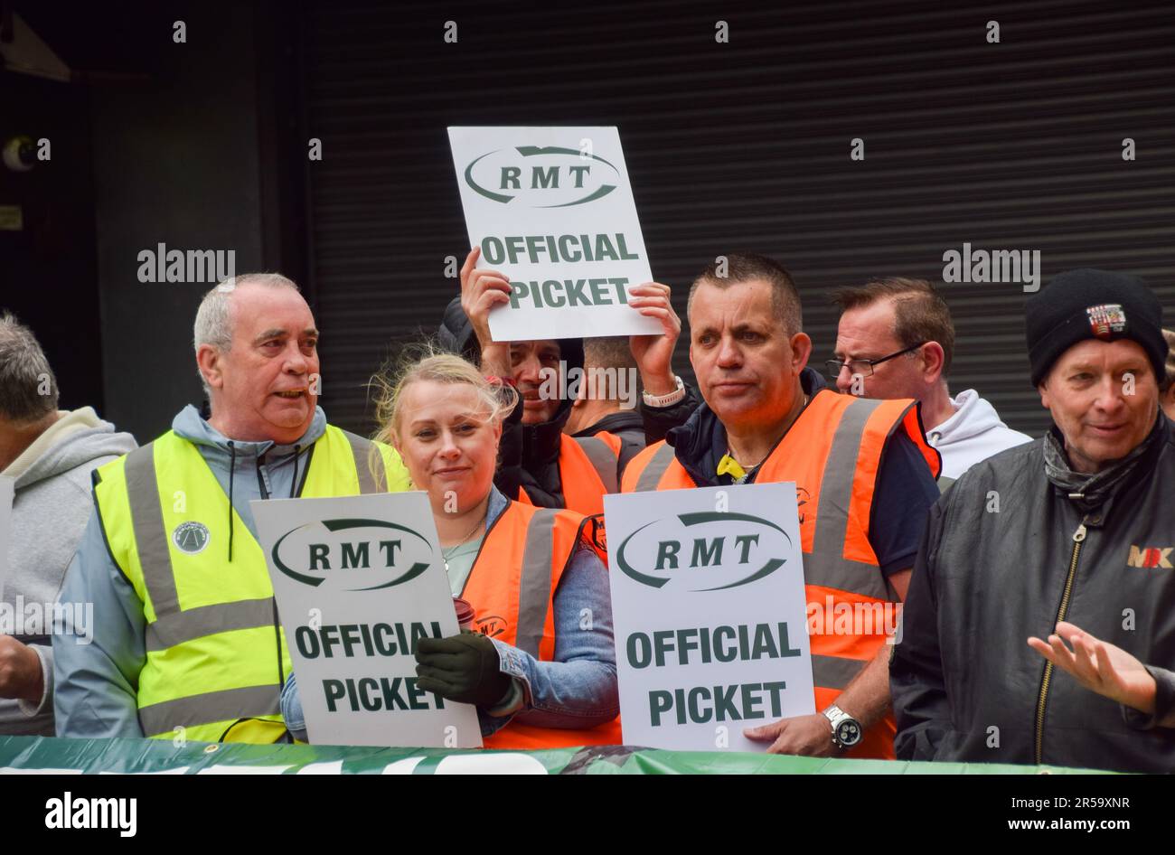 London, UK. 2nd June 2023. RMT members stand at the picket line outside ...
