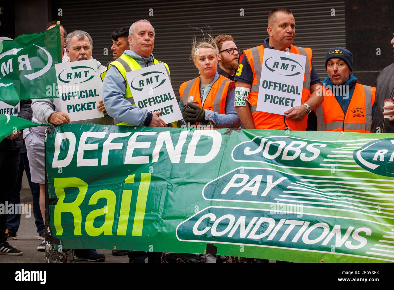 London, UK. 2nd June, 2023. Members of the RMT Union on the picket line ...