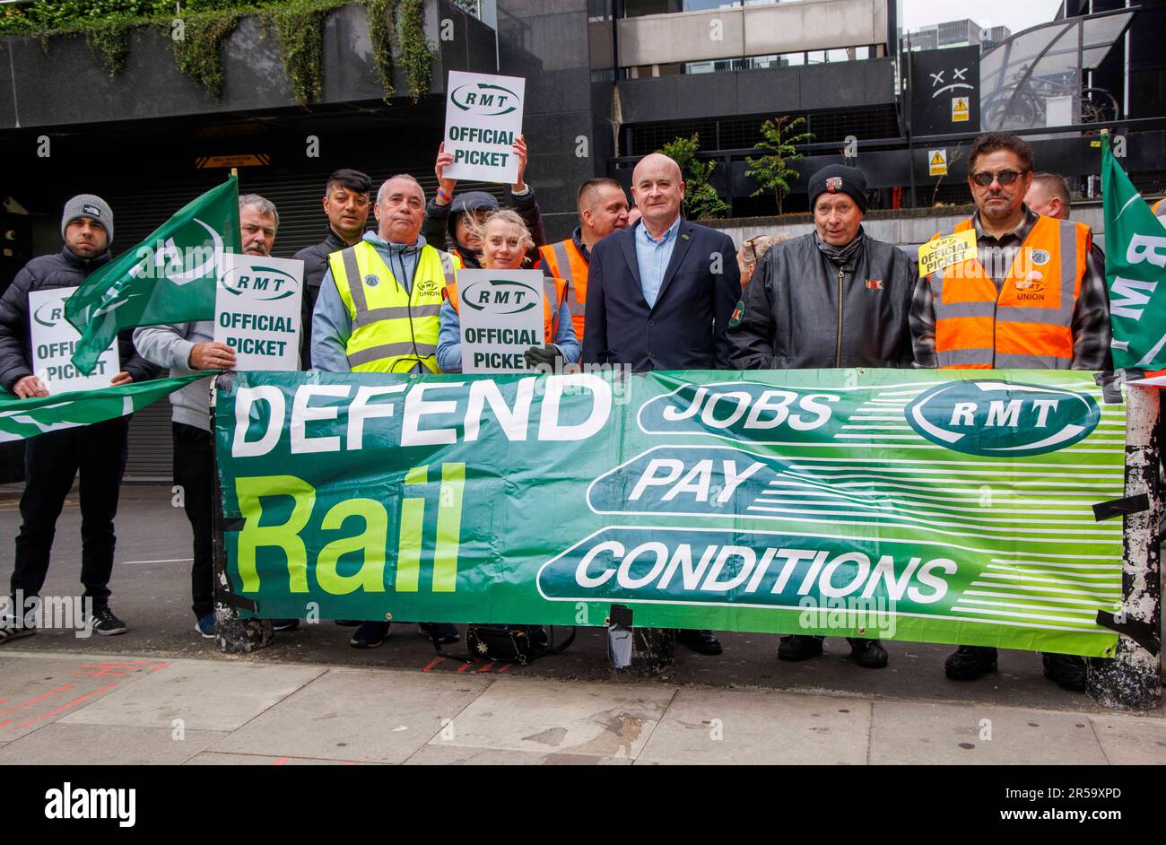 London, UK. 2nd June, 2023. Members of the RMT Union on the picket line ...