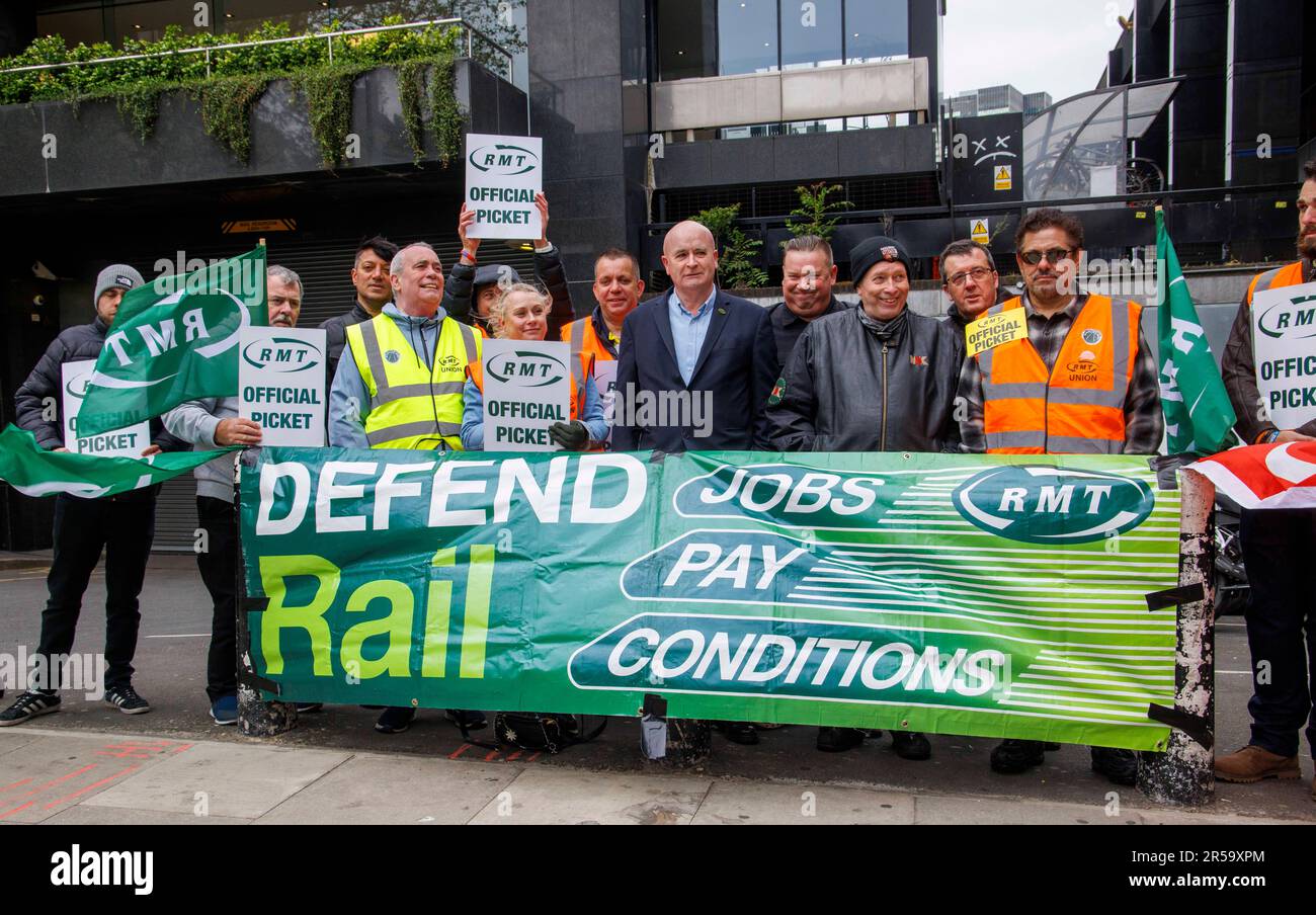 London, UK. 2nd June, 2023. Members of the RMT Union on the picket line ...