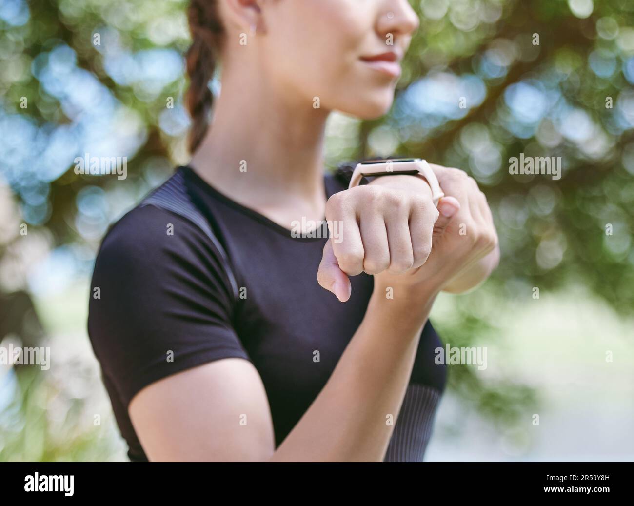 Hands, runner or woman stretching arms for workout or body movement on ...