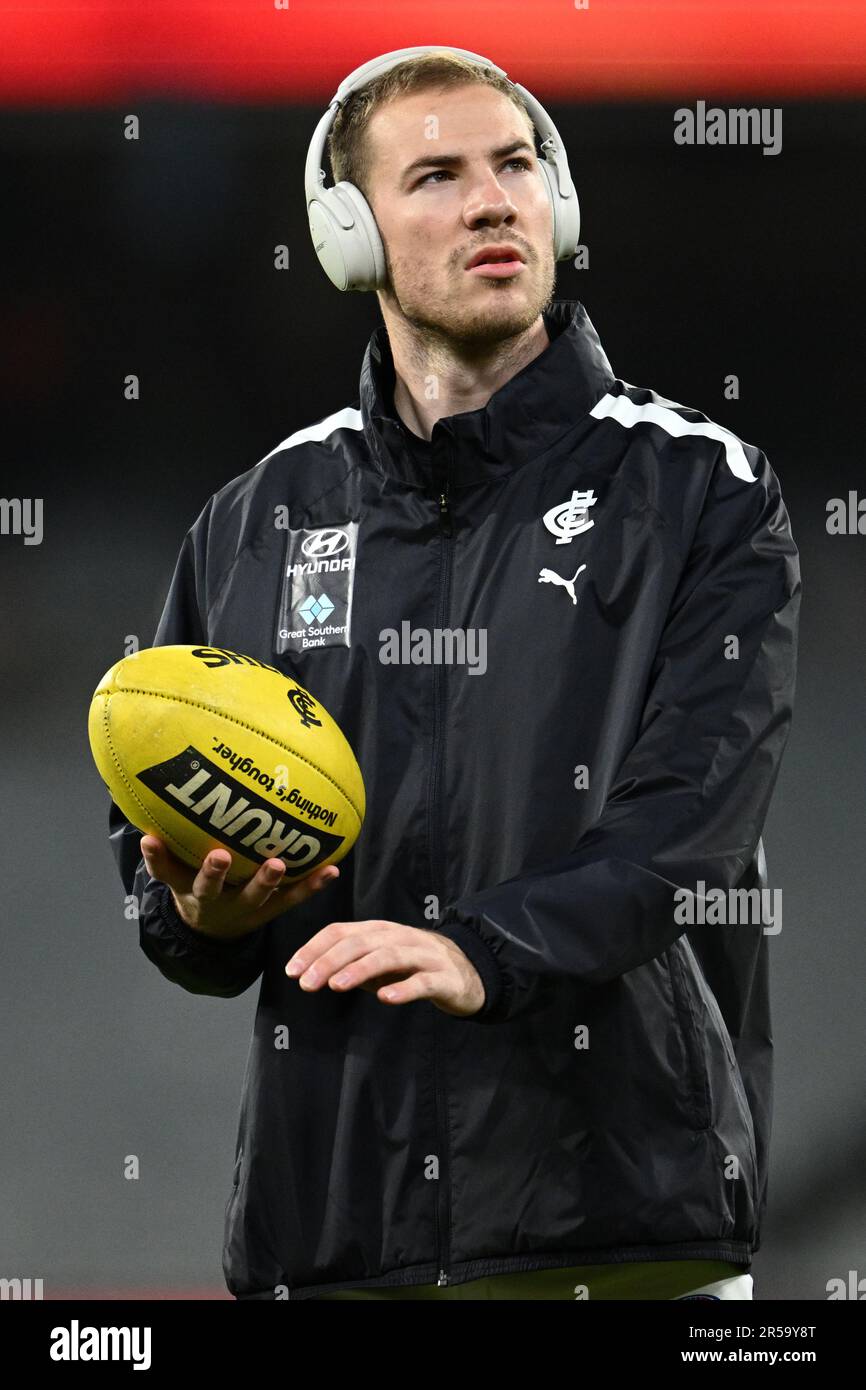 Melbourne, Australia. 02nd June, 2023. Harry McKay of Carlton warms up ...