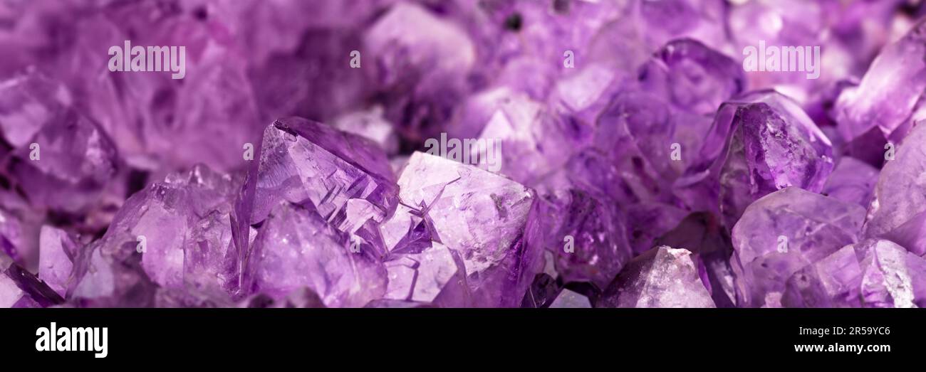 Amethyst stone, panoramic purple crystal gem web banner Stock Photo - Alamy