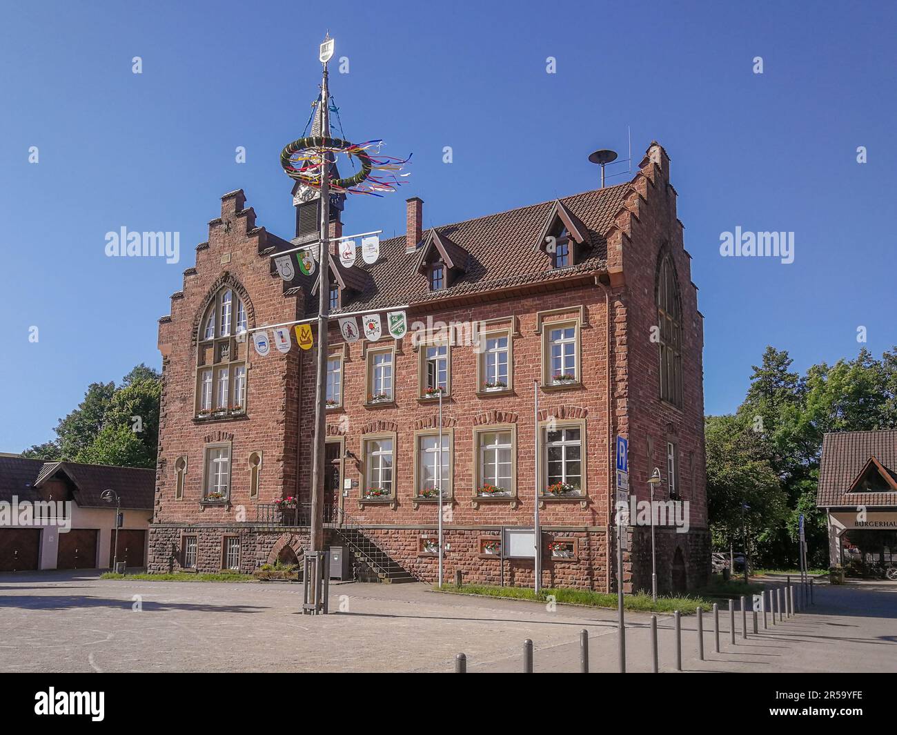 wiesenbach, germany: May 31. 2023: Town hall and forecourt of a ...