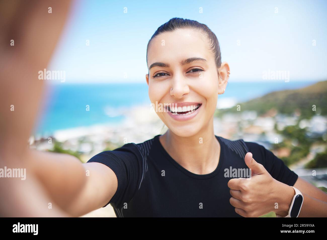 Runner woman, mountain selfie and fitness portrait with energy, smile ...