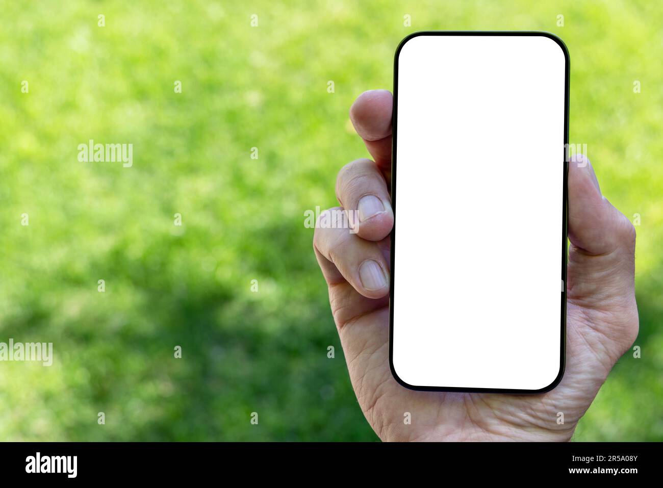 Blank white screen smartphone in woman's hand, perfect design mockup ...