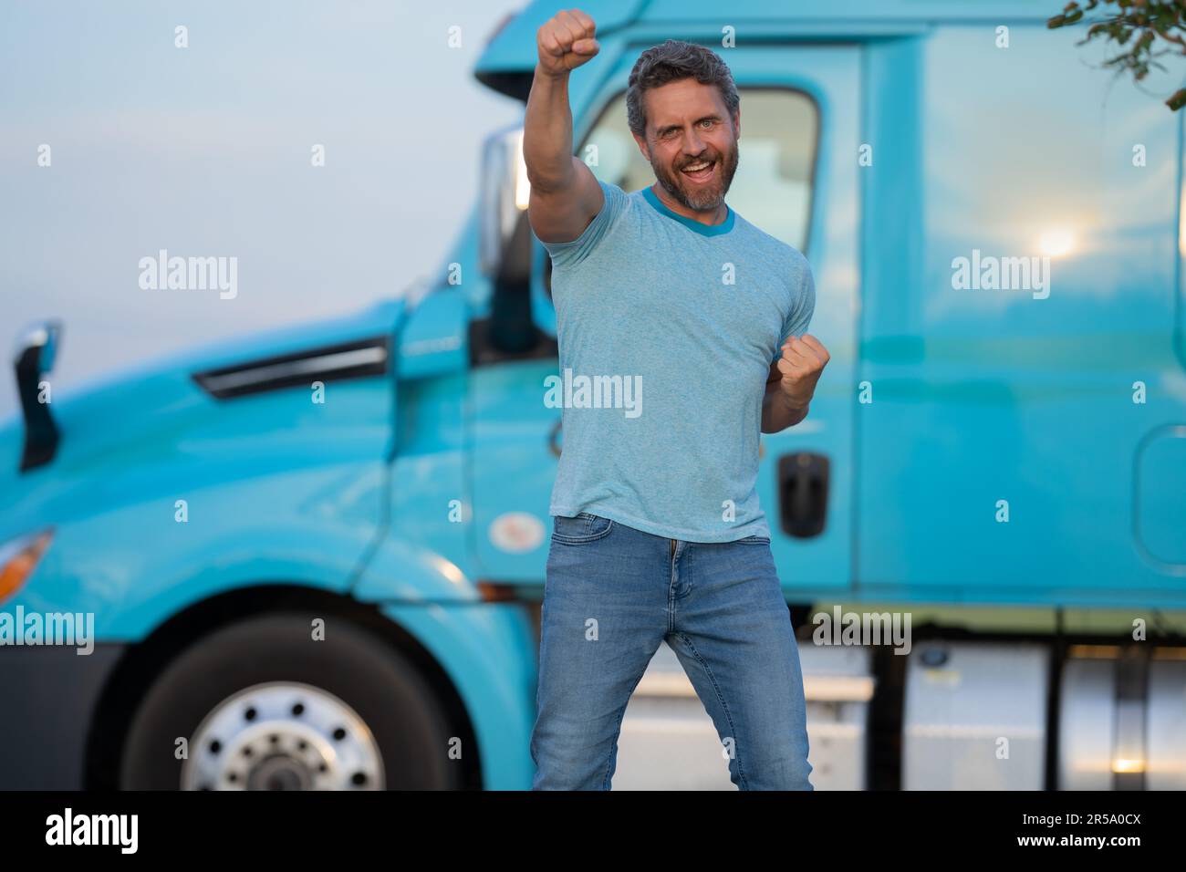 Men driver near lorry truck. Truck driver. Trucking owner ...