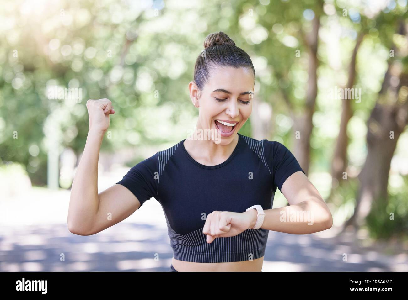 Success happy girl or runner with smartwatch in park for heart rate to ...
