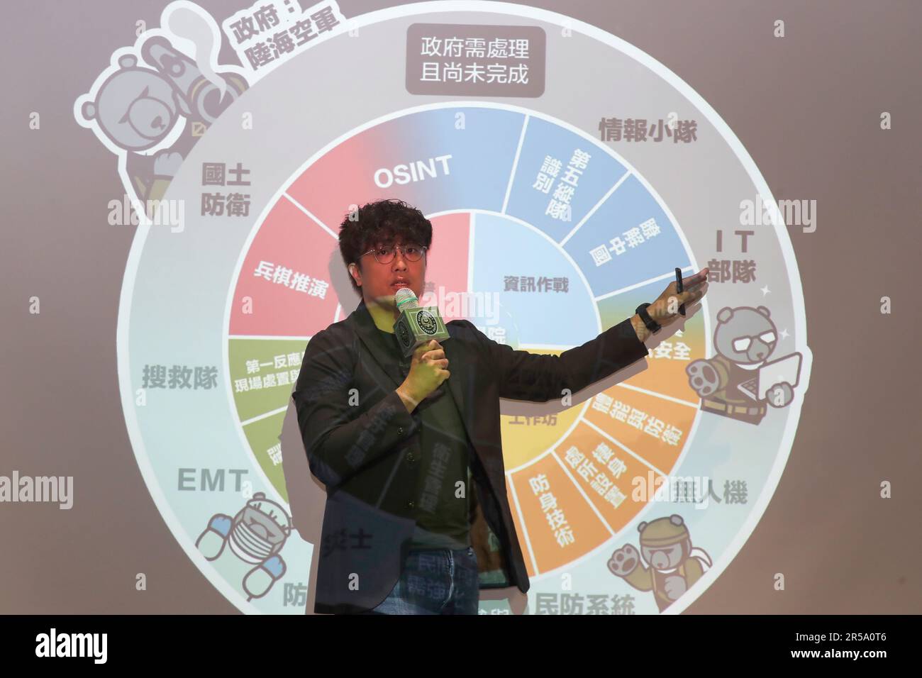 Co-founder of Kuma Academy Puma Shen delivers a speech during a media ...