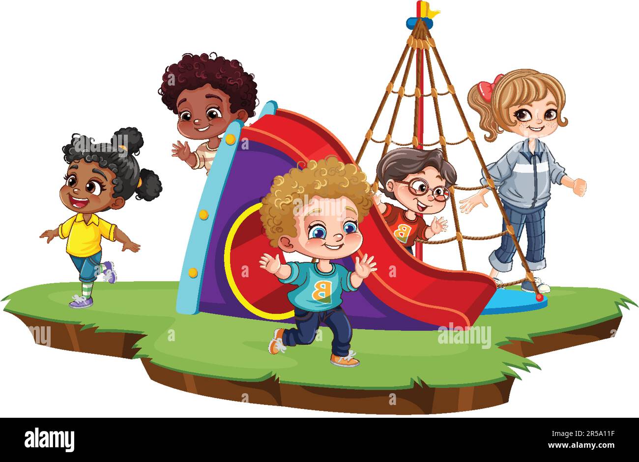 Children with different race playing at the playground slide ...
