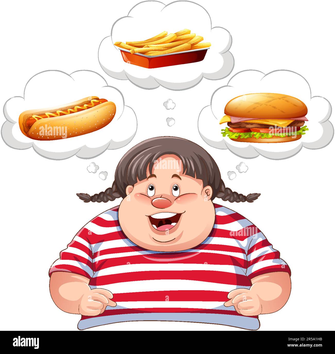 Overweight woman thinking about fast food illustration Stock Vector ...