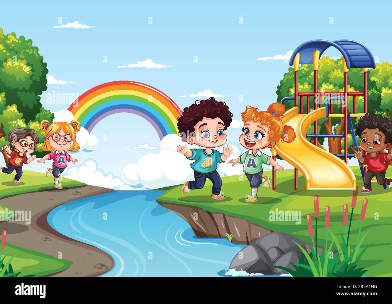 Children with different race playing at the playground slide ...