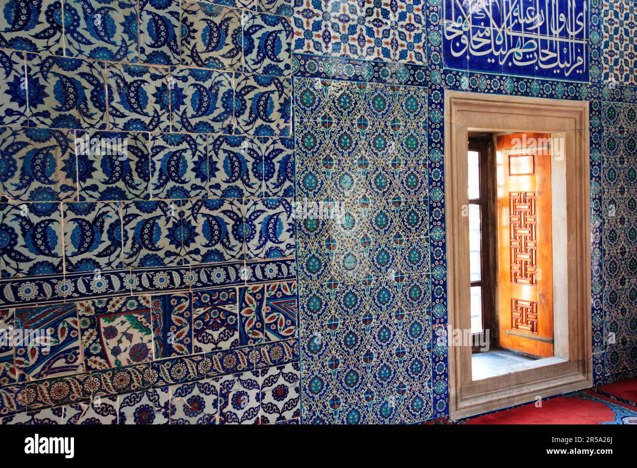 Intricate blue tiles line the inside of a Mosque in Istanbul, Turkey ...