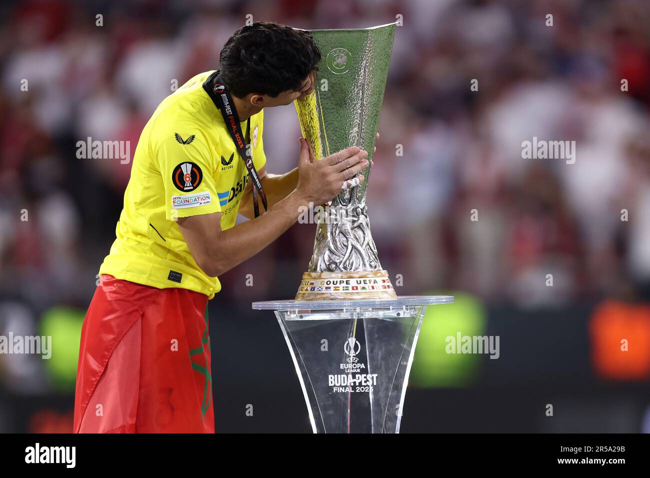 Bono Yassine Bounou of Sevilla FC kisses the trophy at the end of the ...