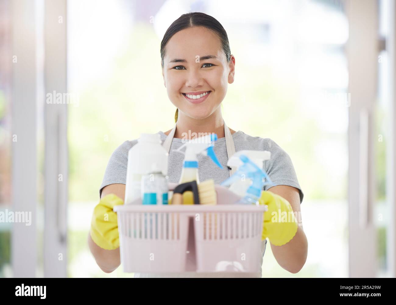 Portrait, basket and cleaning with a woman housekeeper using products ...
