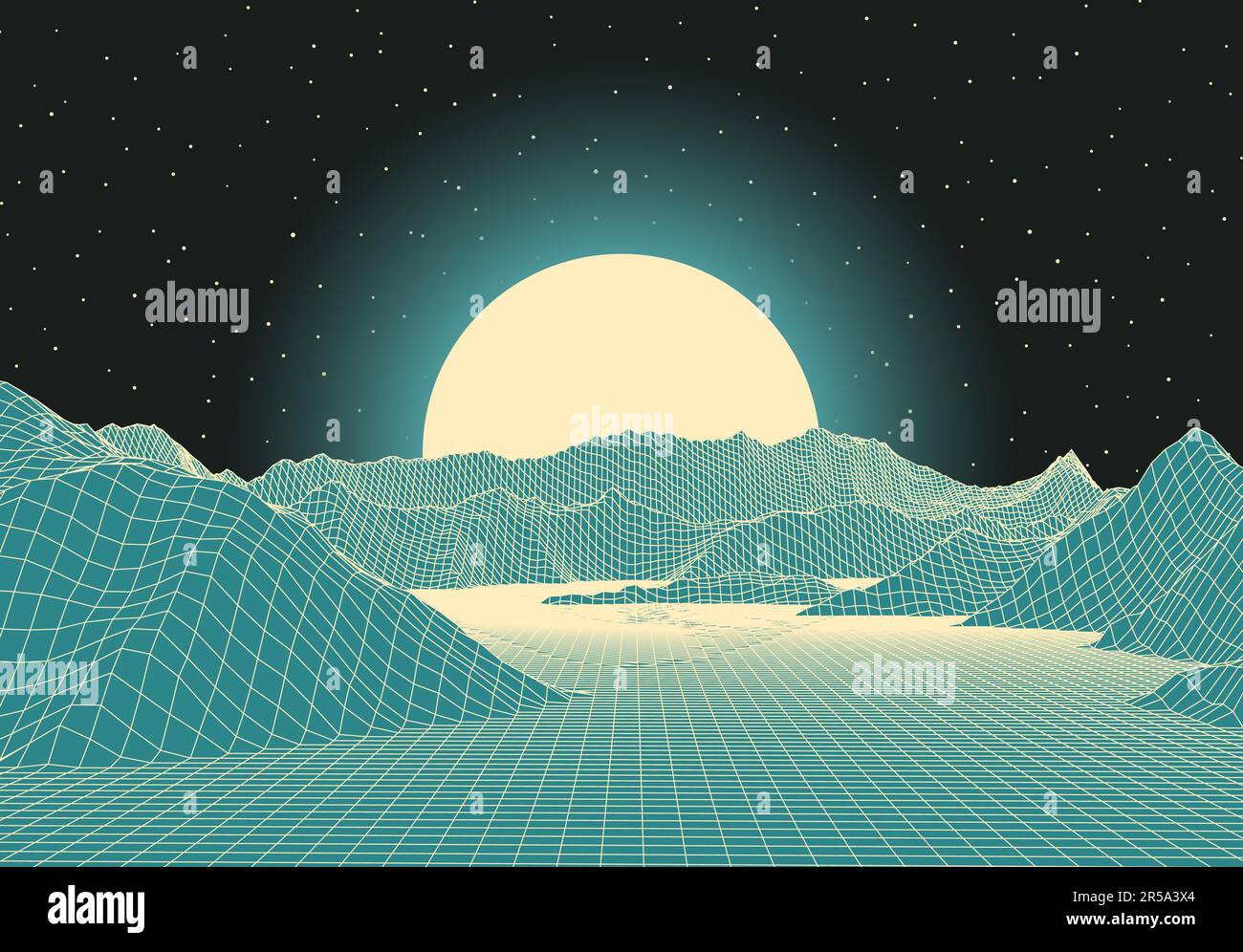 Retro futuristic landscape with mountains and sun in deep space. 80s ...