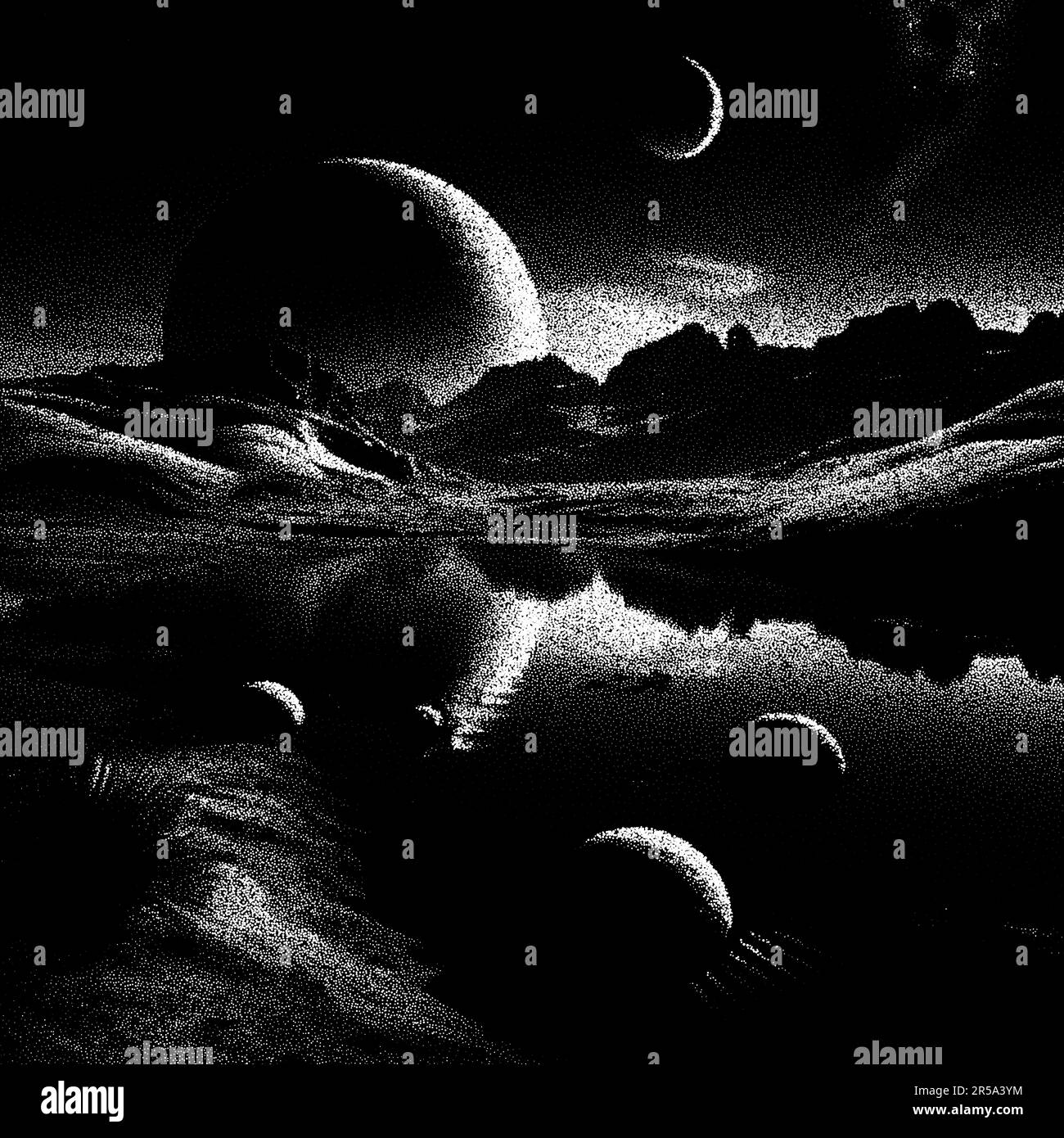 Alien planet landscape in retro dotwork style. Planets and satellites ...