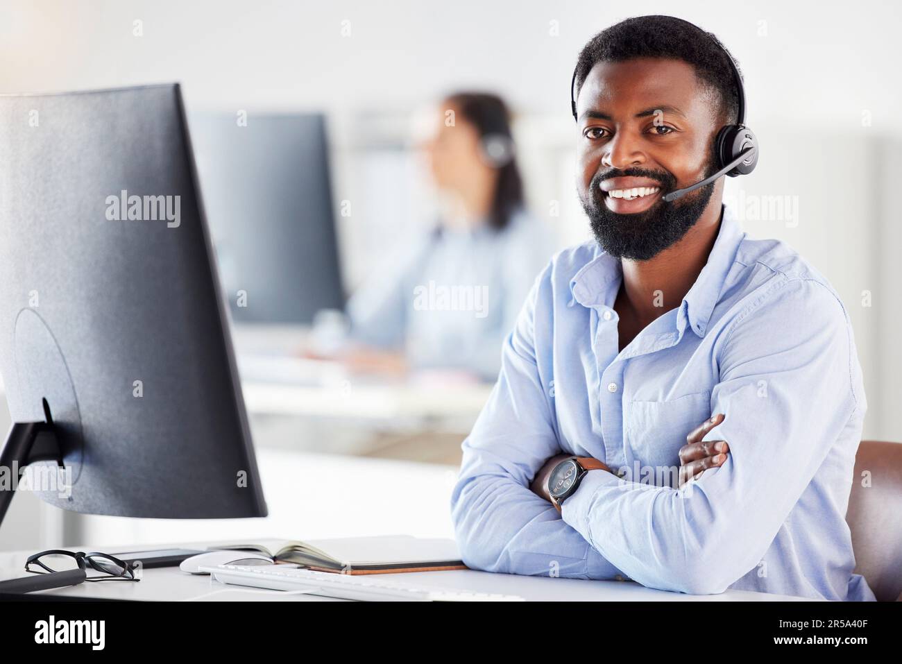 Black man, call center portrait and arms crossed in office for contact ...