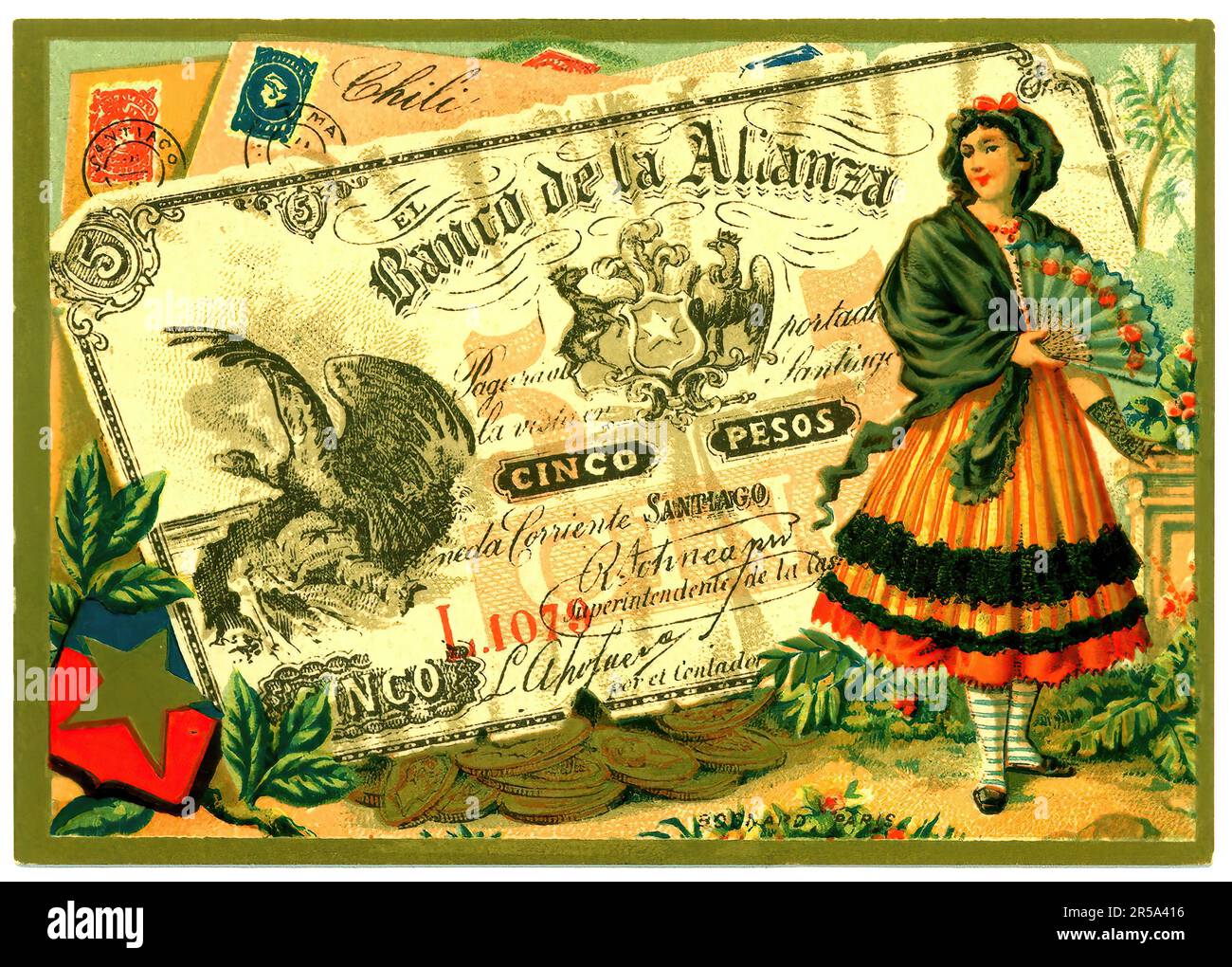 Banknotes, Chile - Vintage French Tradecard, Belle Epoque Era Stock ...
