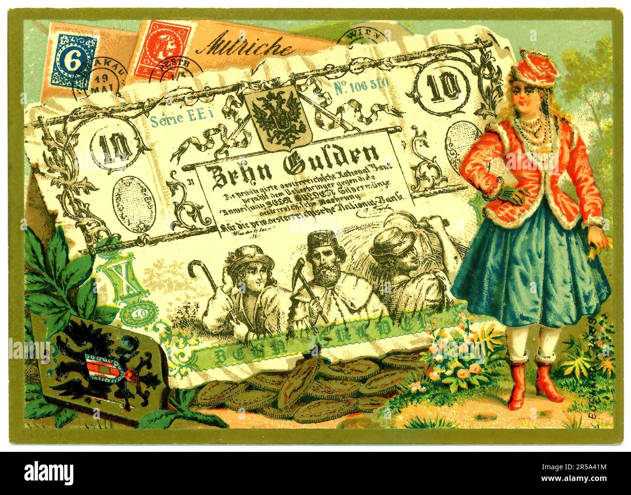 Banknotes, Austria - Vintage French Tradecard, Belle Epoque Era Stock ...