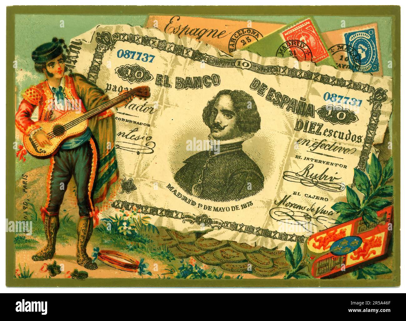 Banknotes, Spain - Vintage French Tradecard, Belle Epoque Era Stock ...