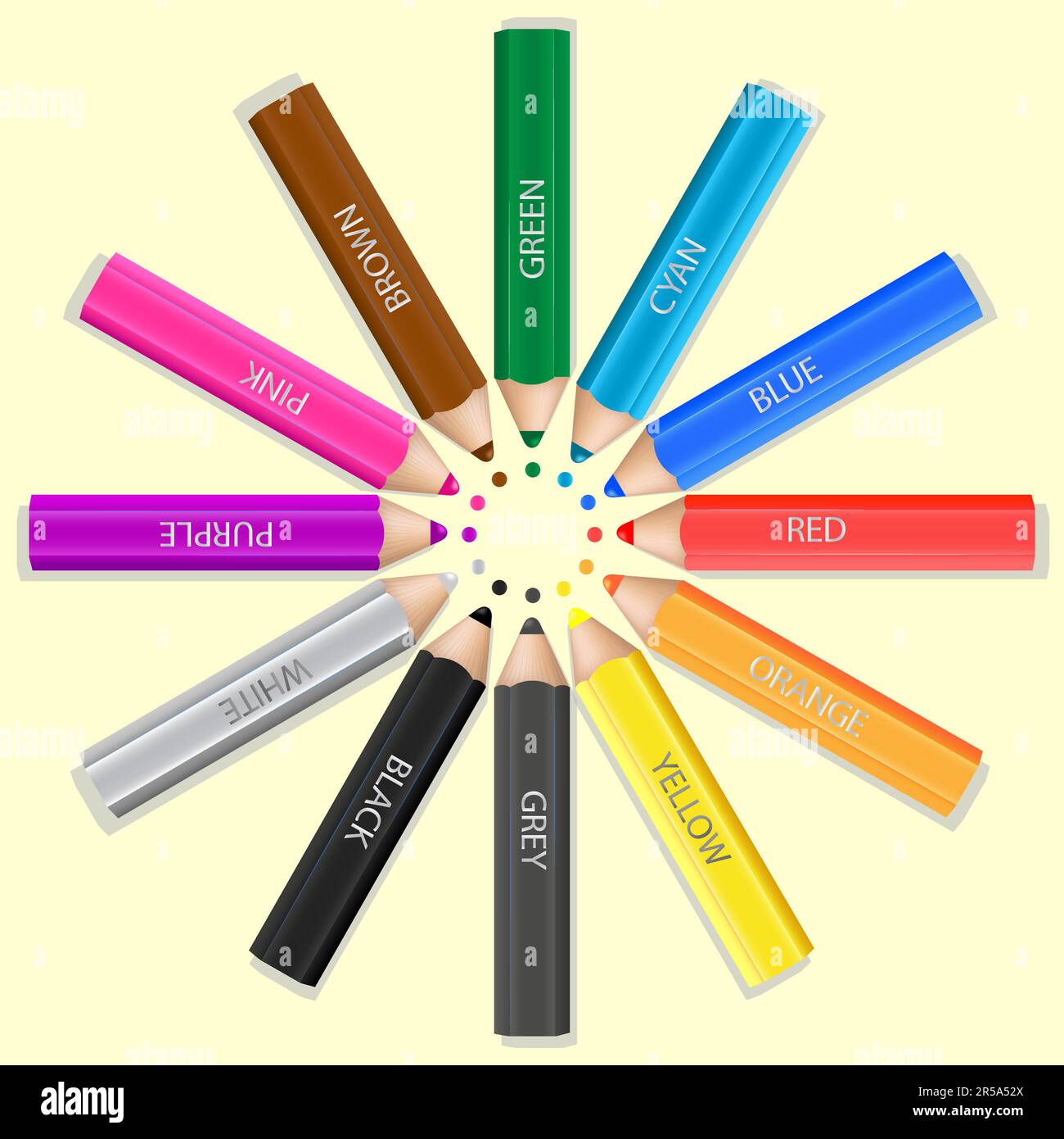 Colorful pencils arranged in a circle. Color names. Yellow background. Vector design Stock ...