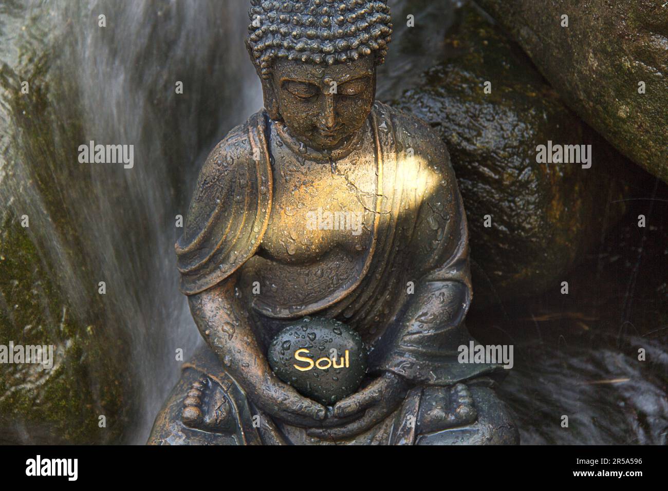 buddha statue in a waterfall, in the hands a stone lettering SOUL Stock ...