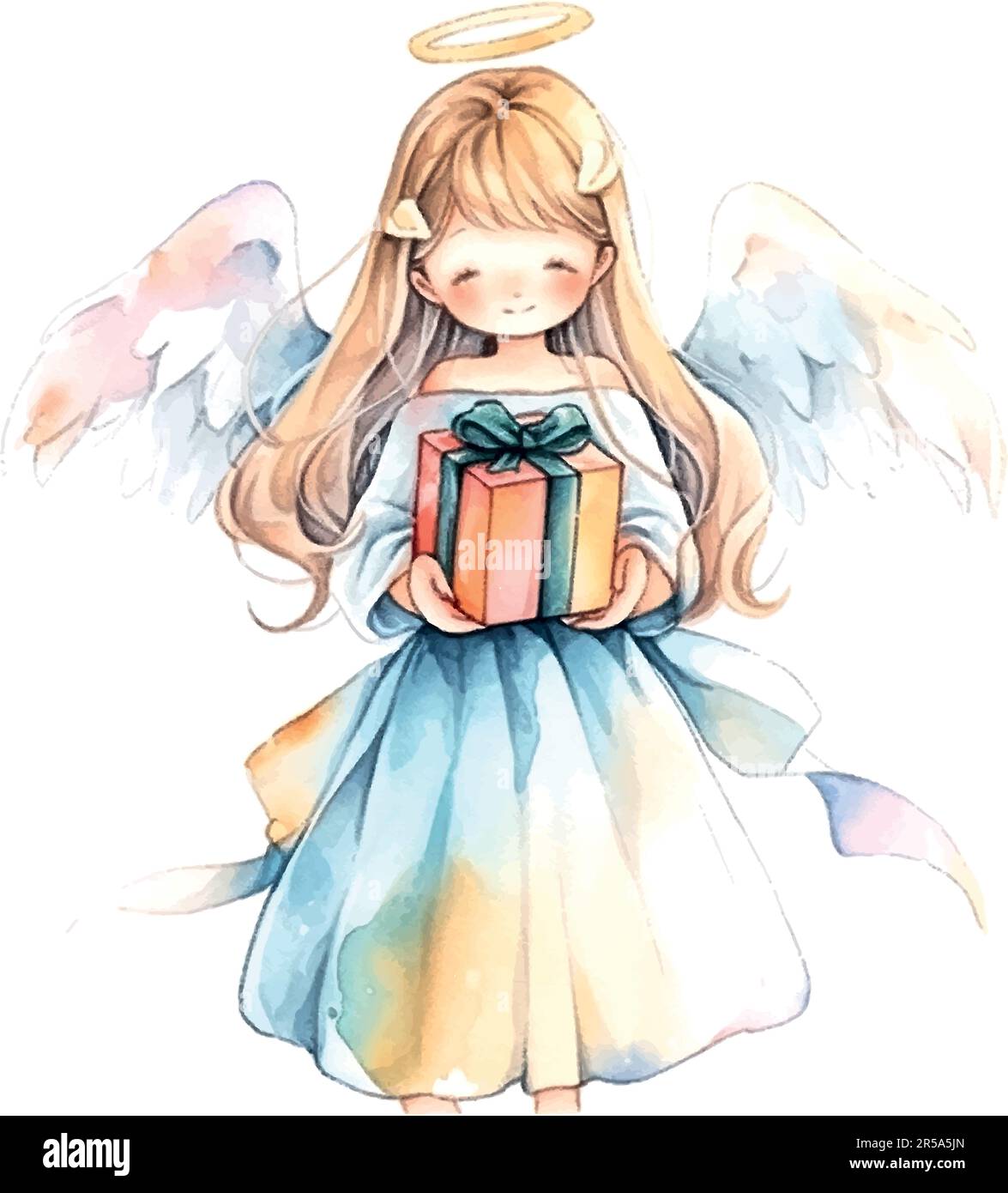 Angel with gift watercolor. Isolated vector illustration. Holiday ...