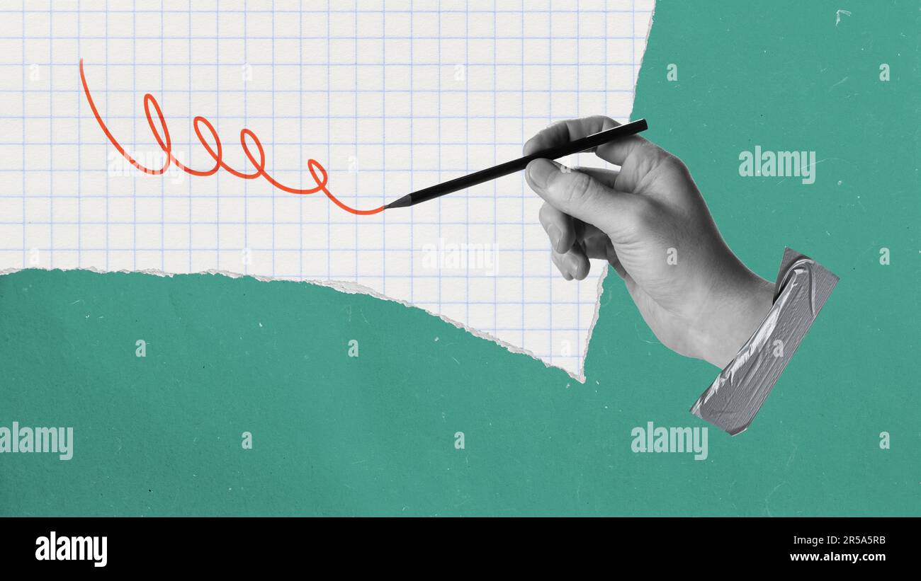 Contemporary art collage with male hand holding a pen and writing ...