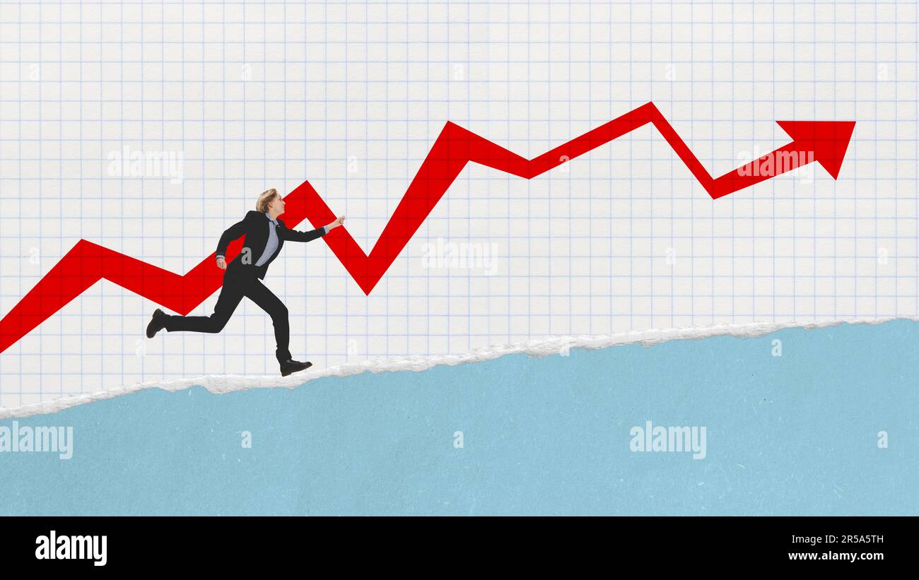 Contemporary art collage with woman, office worker wearing suit chasing ...