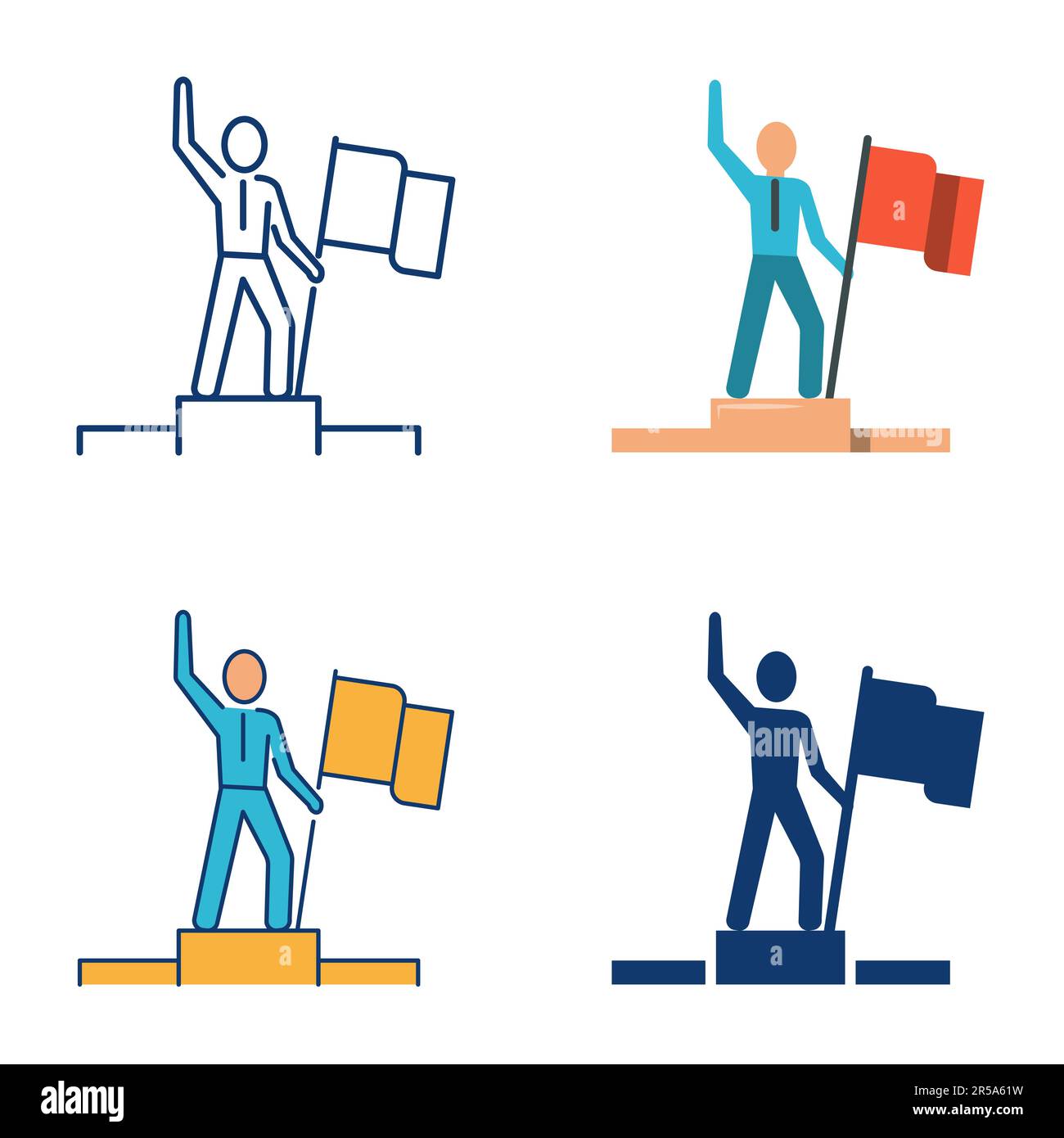 Victory icon set in flat and line style. Man with flag standing on ...