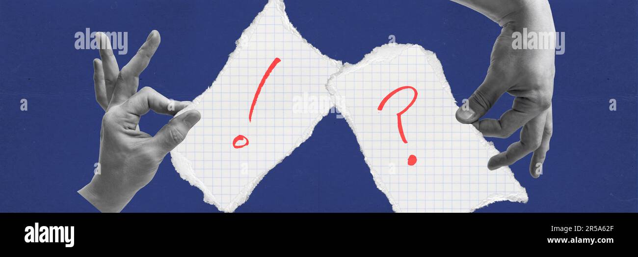 Contemporary art collage with male hands holding a pieces of paper with ...