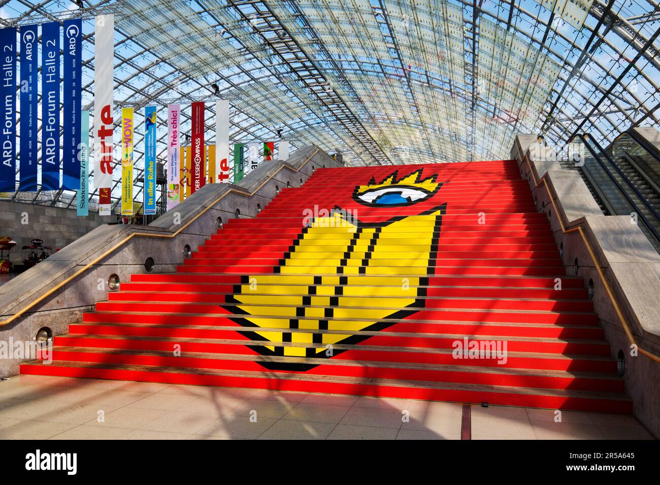 logo of the Leipzig Book Fair on a stairway in the Glass Hall, New Fair ...